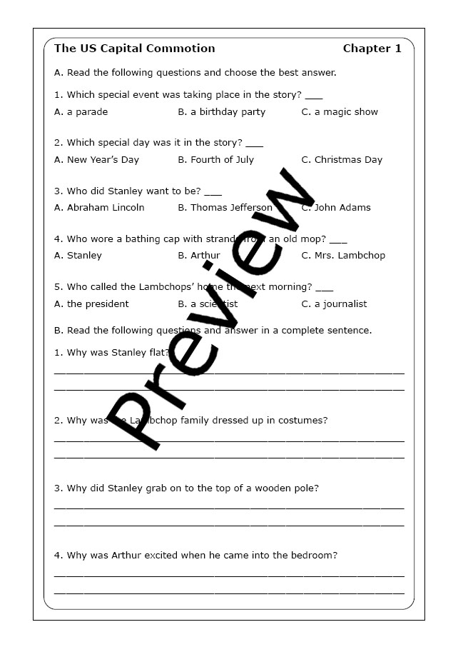 Flat Stanley "The US Capital Commotion" worksheets | Made By Teachers