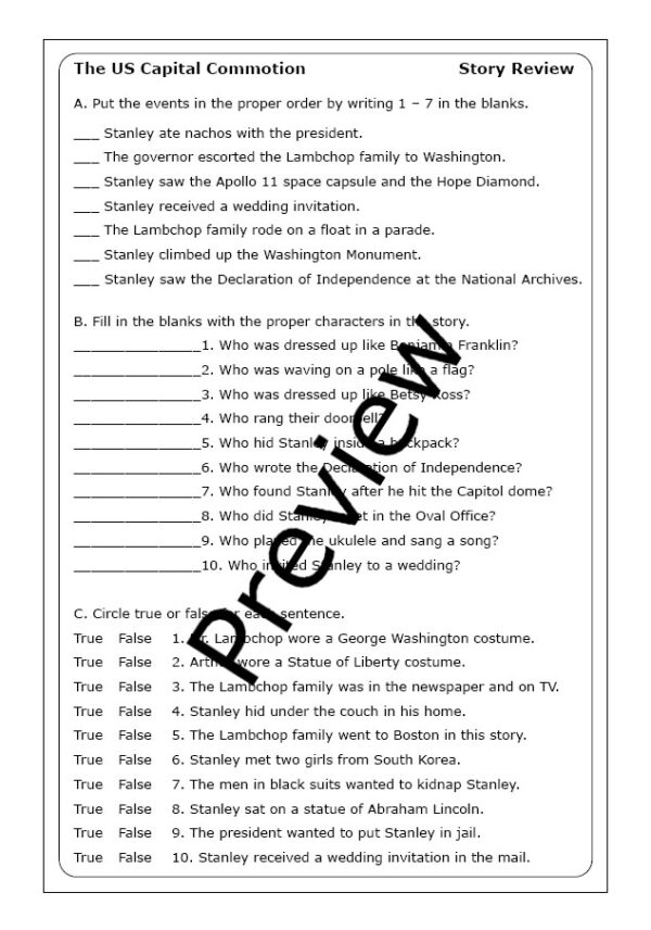 Flat Stanley "The US Capital Commotion" worksheets | Made By Teachers