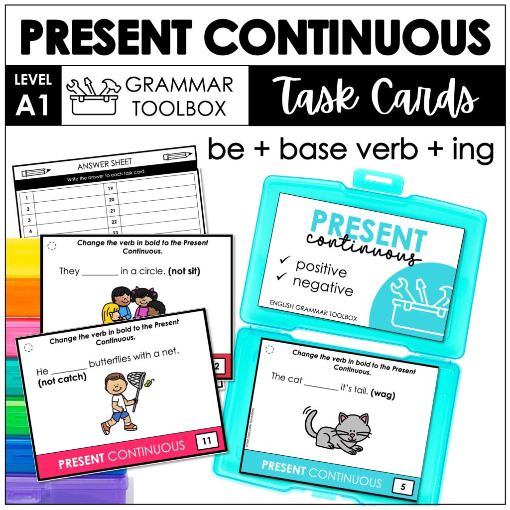 Present Continuous Tense Task Cards : Verb Conjugation in Sentences ...