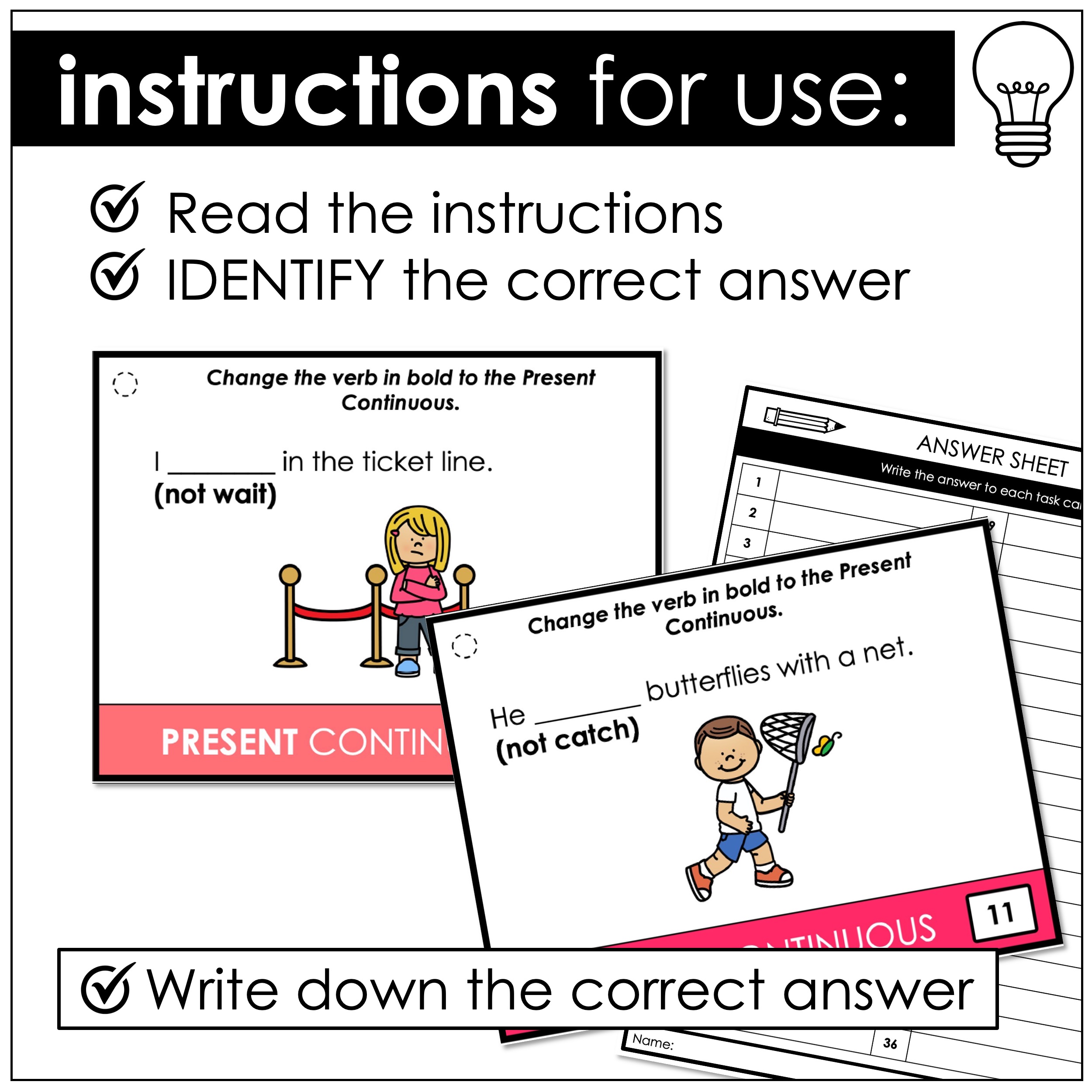 Present Continuous Tense Task Cards : Verb Conjugation in Sentences ...
