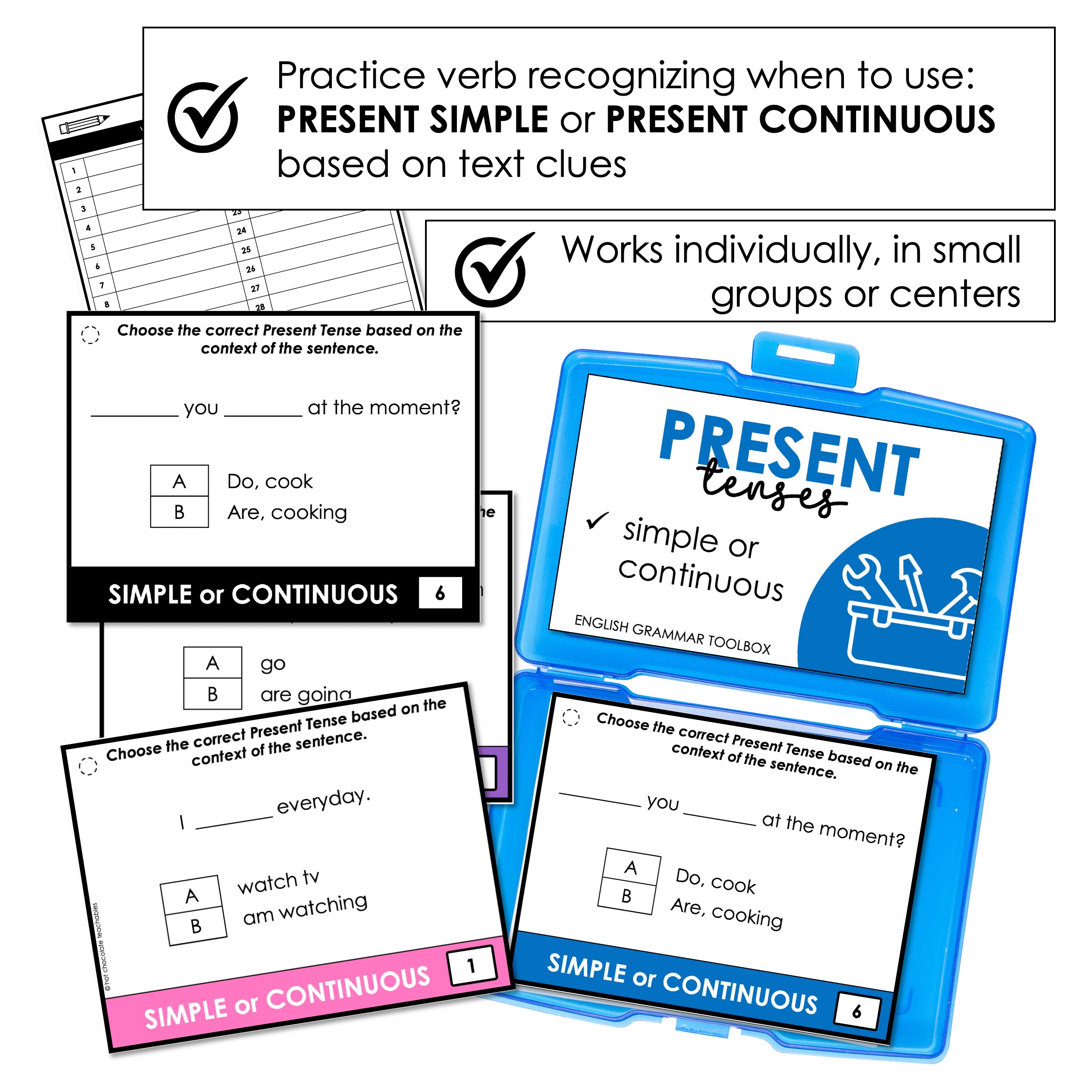 Present Tense - Simple or Continuous Task Cards : Choose the verb tense ...