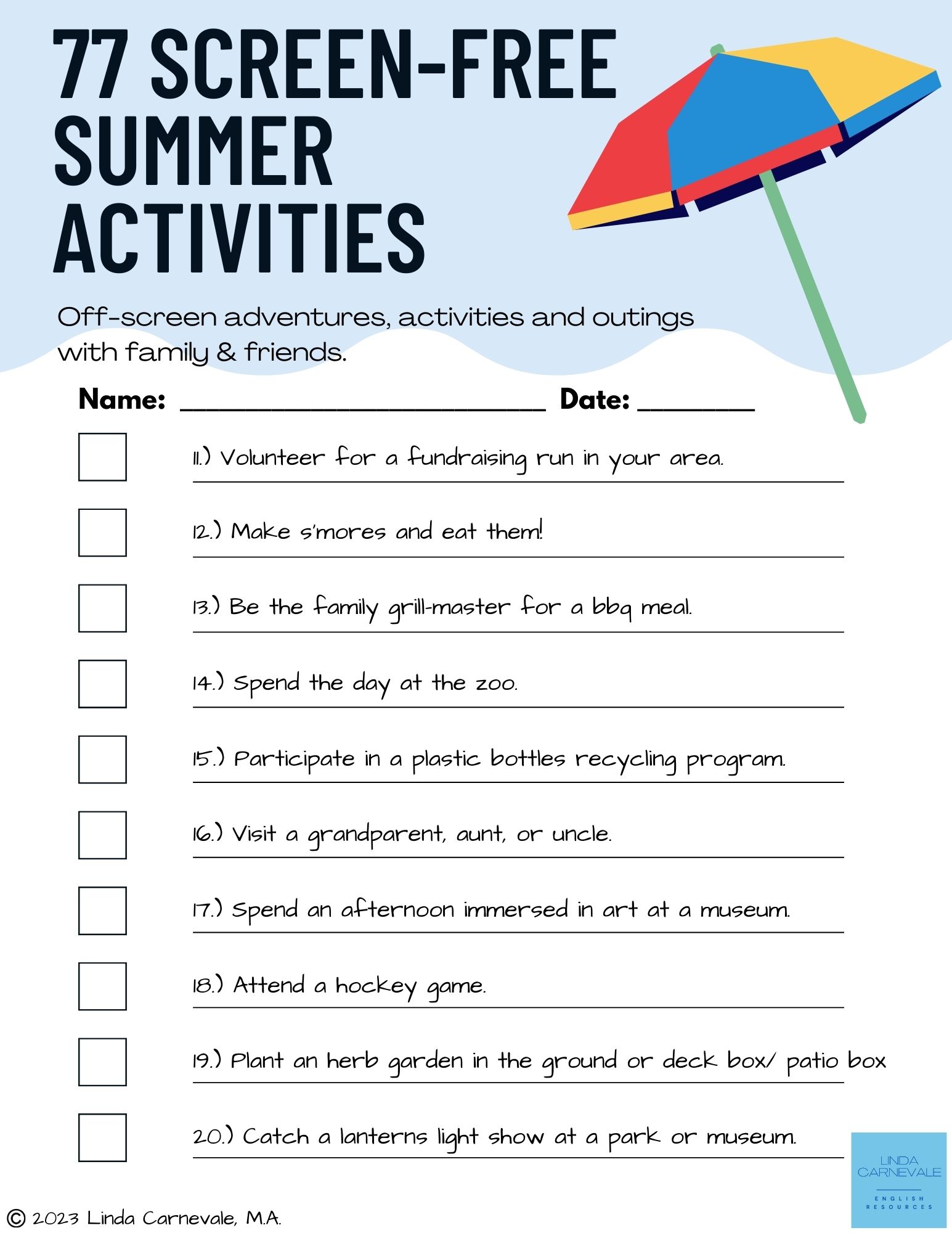 Scree-free Summer Activities Challenge Checklist with Completion ...