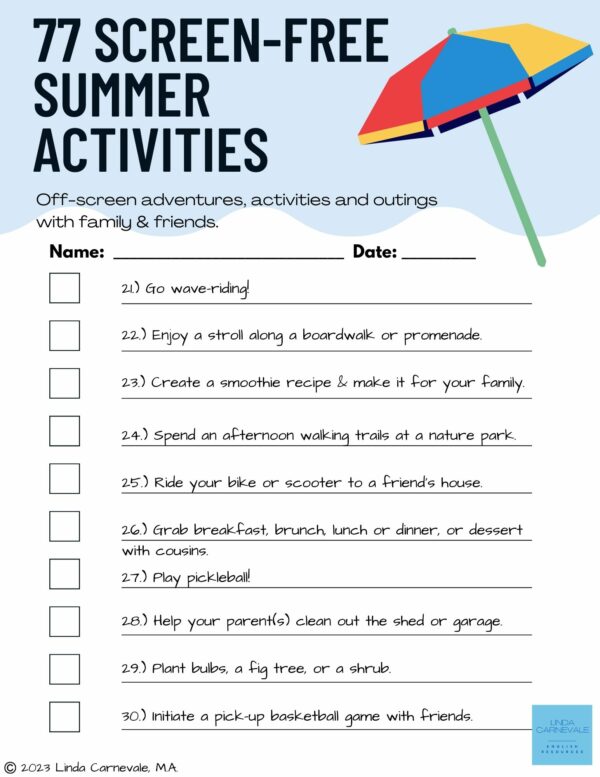 Scree-free Summer Activities Challenge Checklist with Completion ...