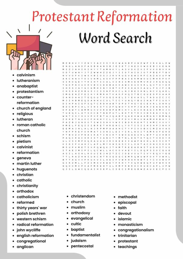 Protestant Reformation word search Puzzle worksheet activities for kids ...