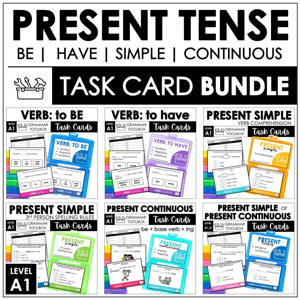 Present Tense Grammar Task Cards Bundle - Simple & Continuous for ESL ...