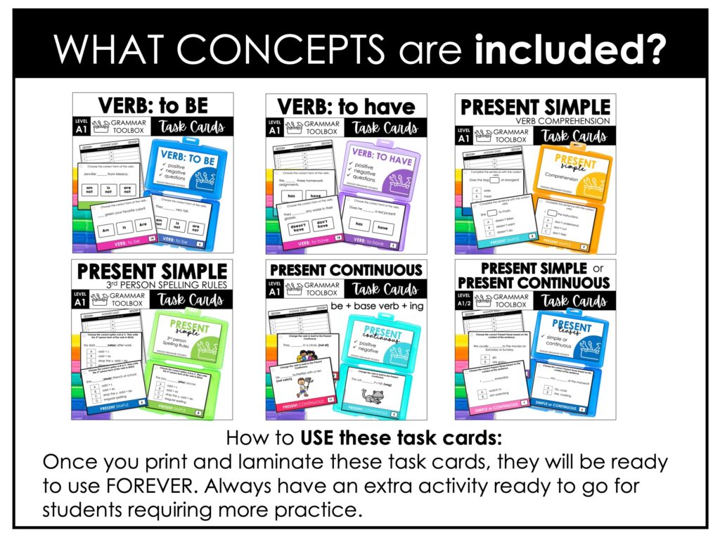 Present Tense Grammar Task Cards Bundle - Simple & Continuous for ESL ...