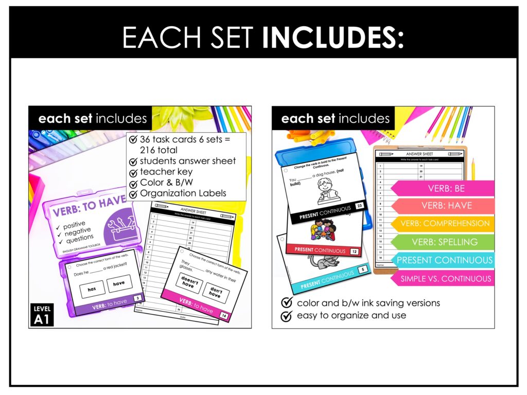 Present Tense Grammar Task Cards Bundle - Simple & Continuous for ESL ...