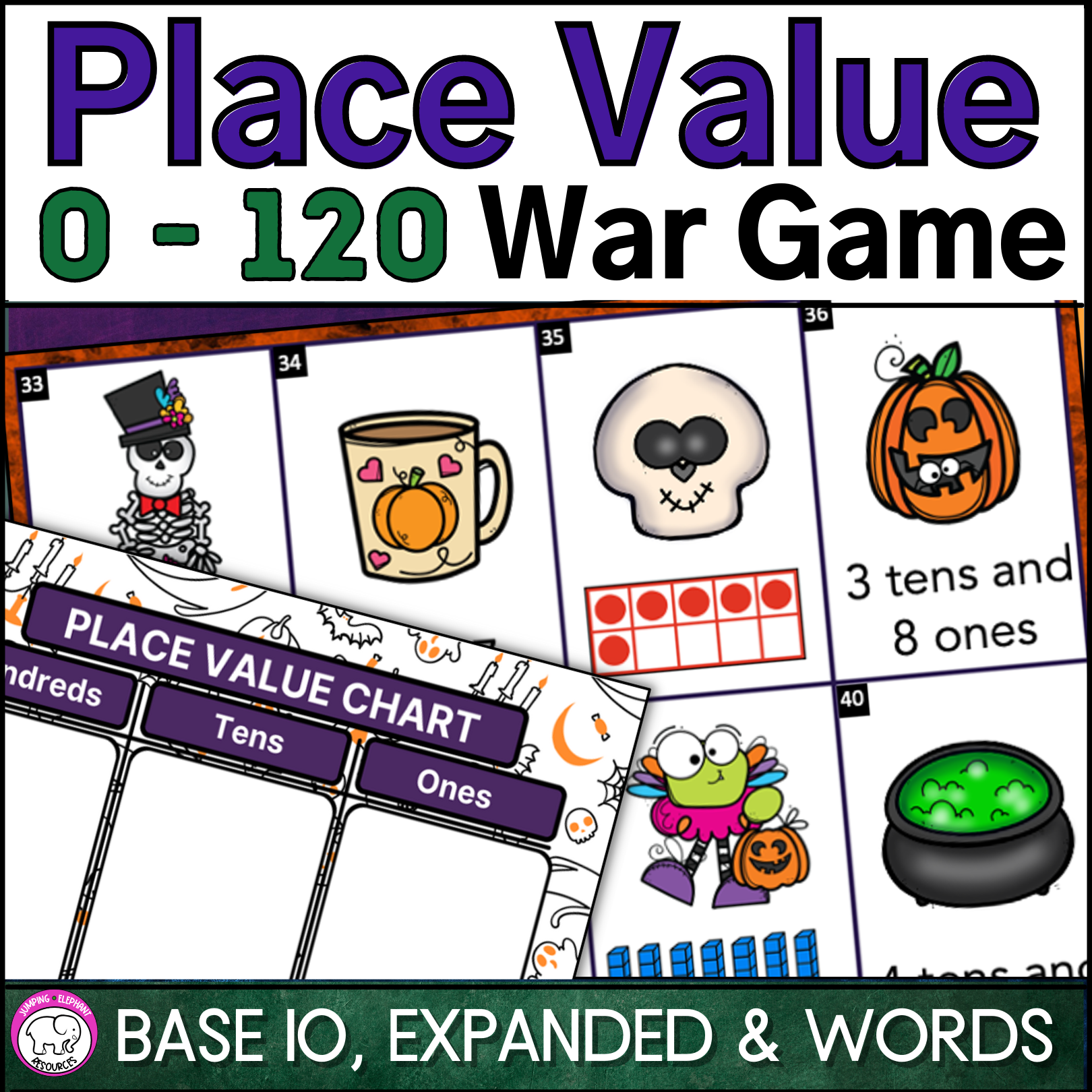 Halloween Place Value War Math Game 0 to 120 Base 10, Expanded and Word ...