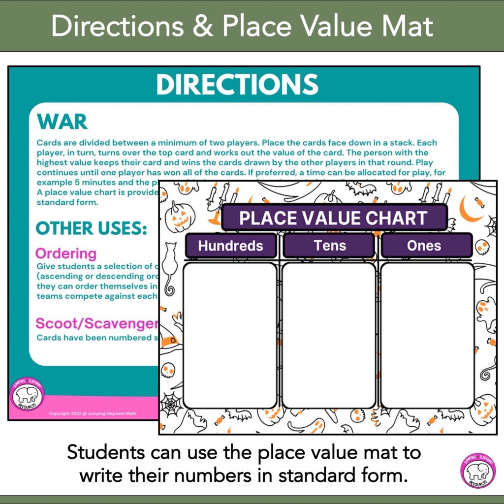 Halloween Place Value War Math Game 0 to 120 Base 10, Expanded and Word ...