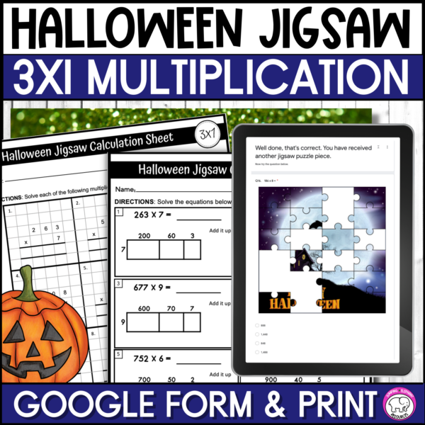 Halloween 3 digit by 1 Digit Multiplication Digital Jigsaw Puzzle ...