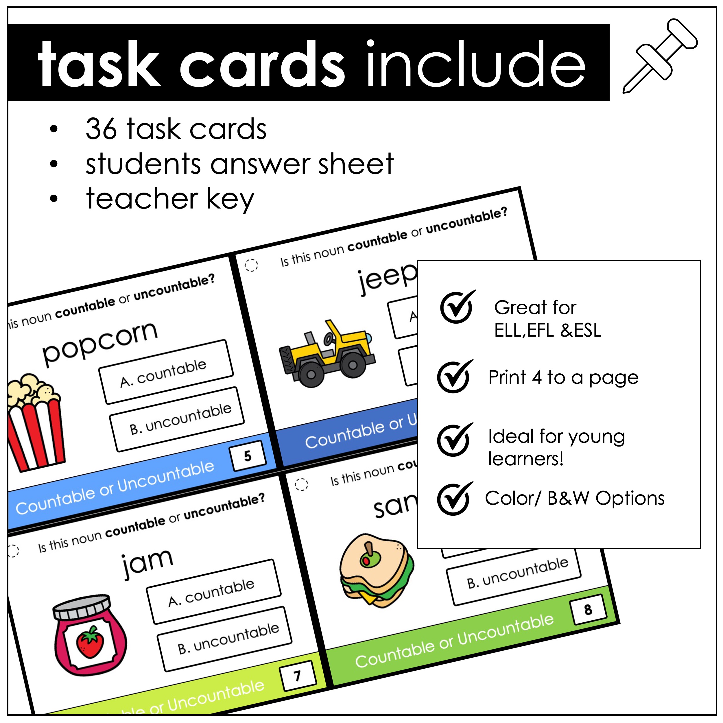 Countable and Uncountable Noun Task Cards - Count Noncount Noun ...