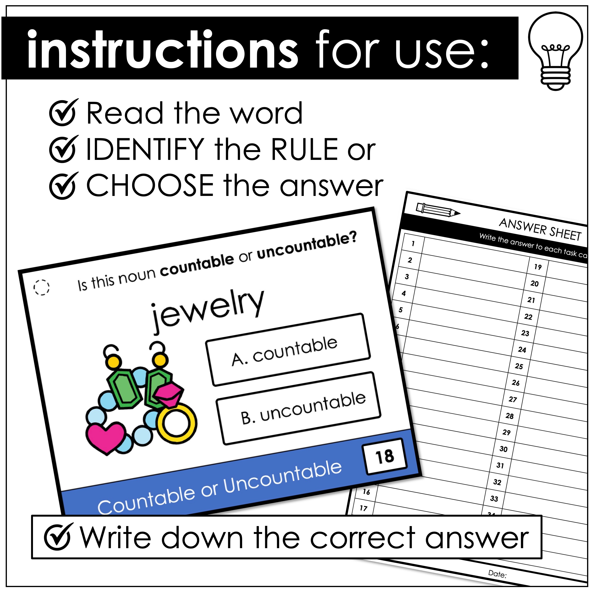 Countable and Uncountable Noun Task Cards - Count Noncount Noun ...