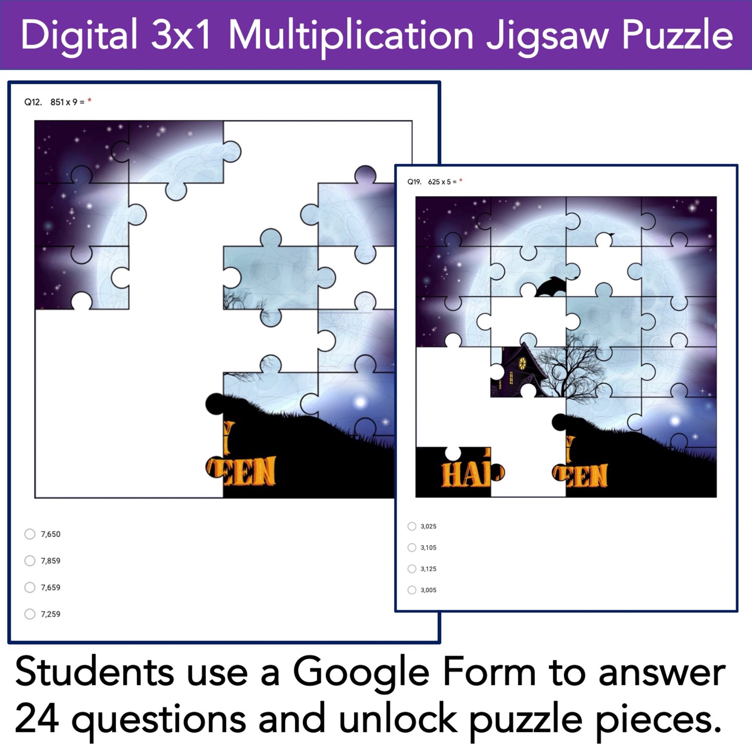 Halloween 3 digit by 1 Digit Multiplication Digital Jigsaw Puzzle ...