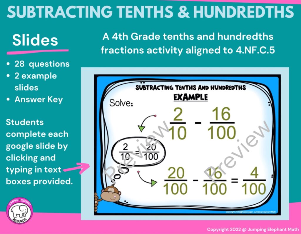 Subtracting Tenths and Hundredths Fractions Google Slides and ...