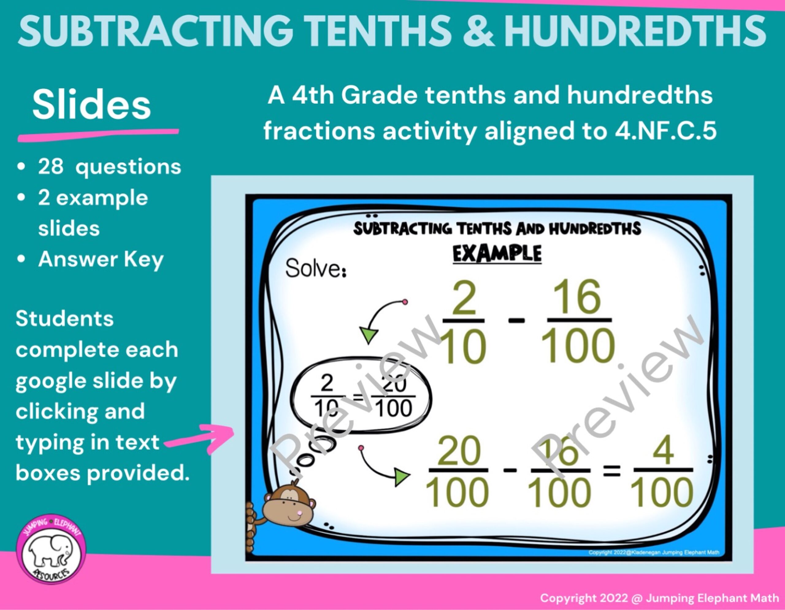 Subtracting Tenths and Hundredths Fractions Google Slides and ...