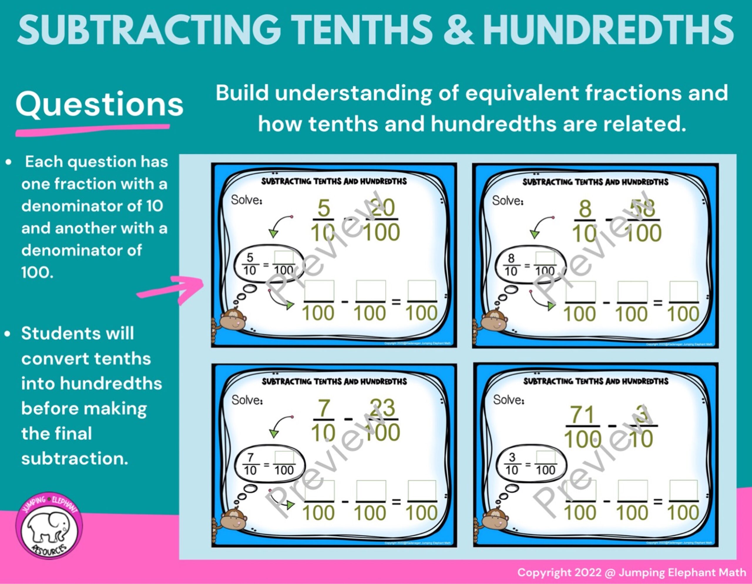 Subtracting Tenths and Hundredths Fractions Google Slides and ...