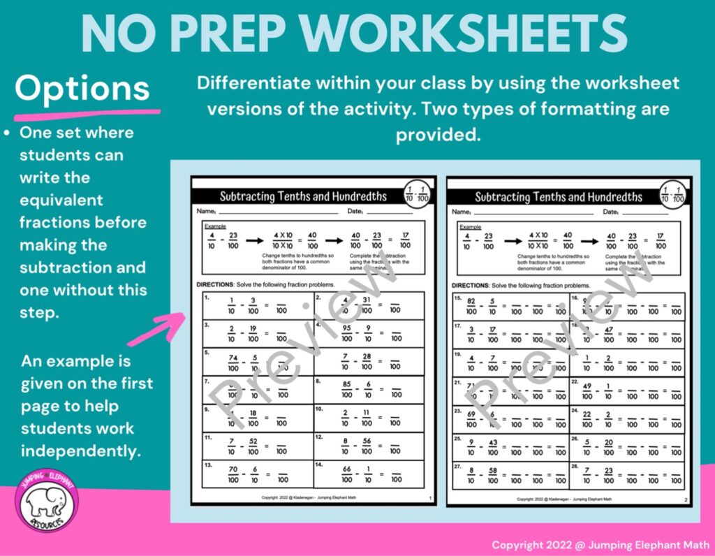 Subtracting Tenths and Hundredths Fractions Google Slides and ...