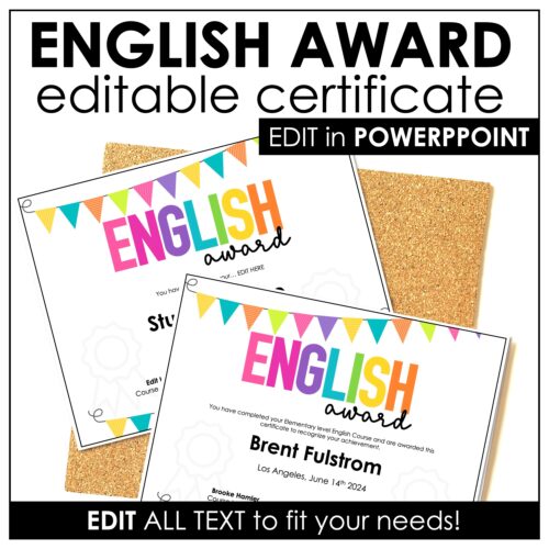 End of Year English Award Certificate - Editable Name and Date Fields ...