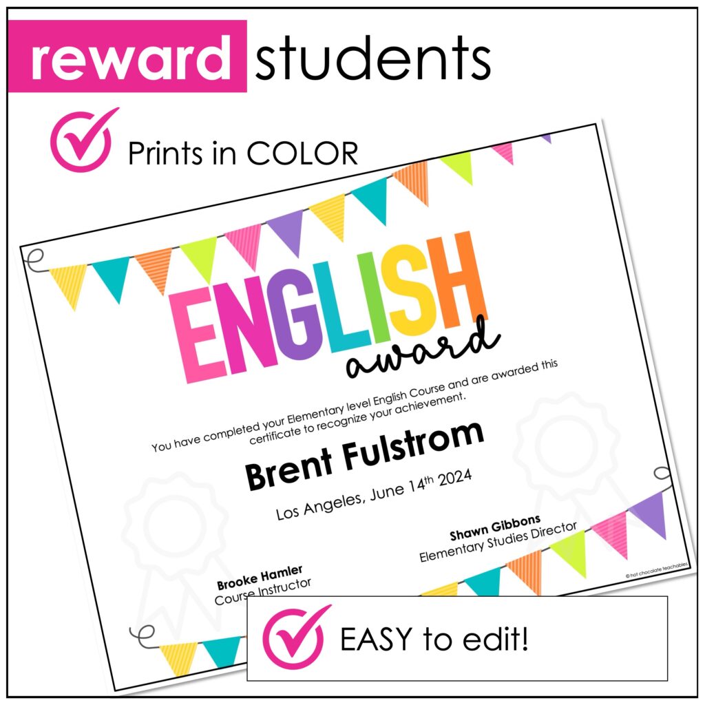 End of Year English Award Certificate - Editable Name and Date Fields ...