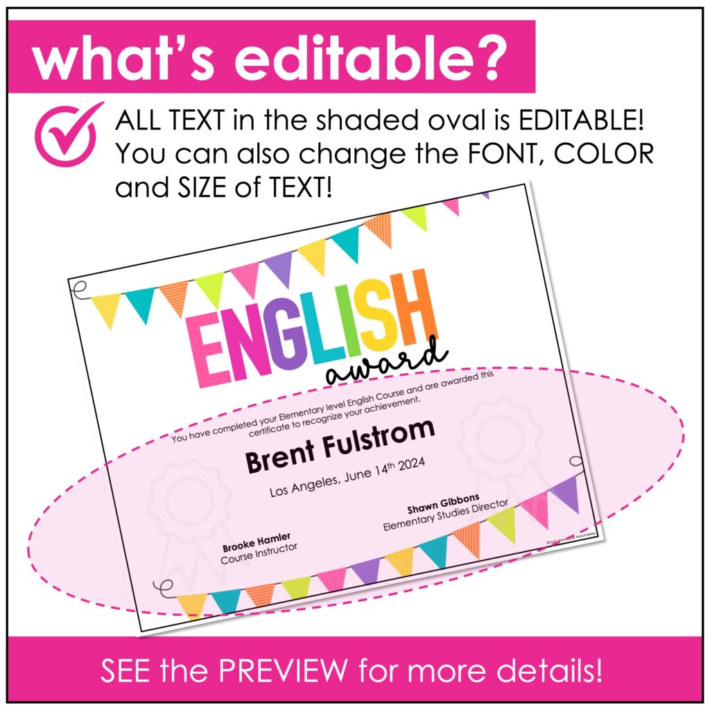 End of Year English Award Certificate - Editable Name and Date Fields ...