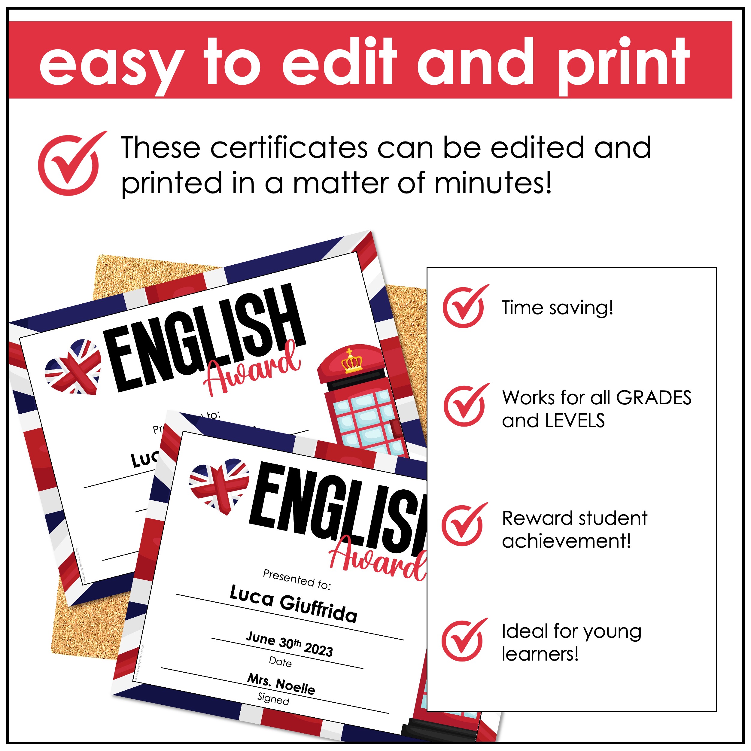 End of Year English Student Award Certificate - Editable Name and Date ...