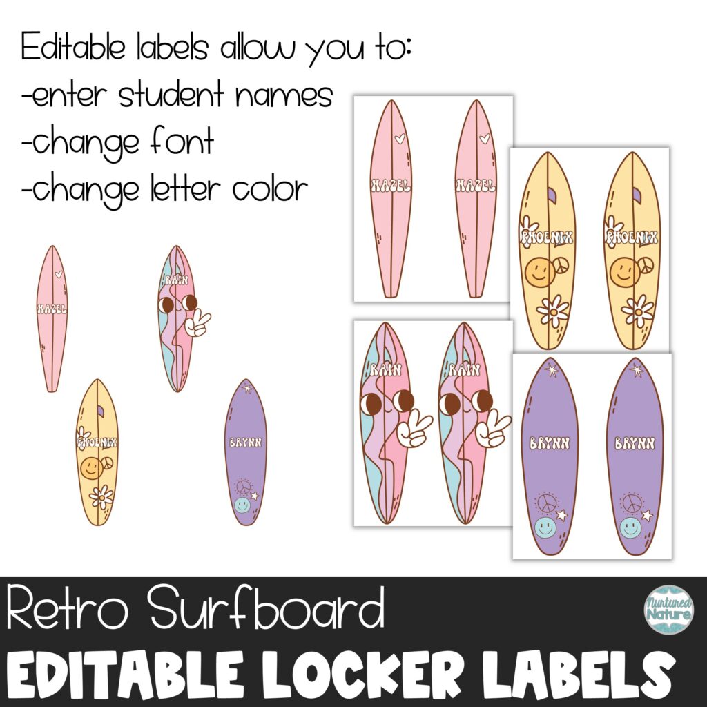 Summer Name Tags - Editable Locker Labels or Cubby Tags - Surfboard ...