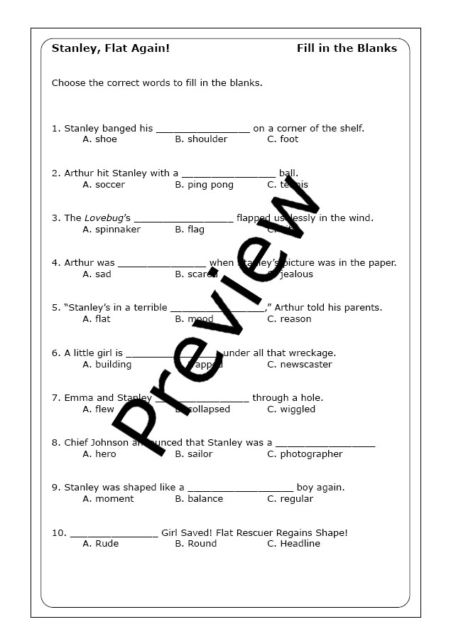 Jeff Brown "Stanley, Flat Again!" worksheets | Made By Teachers