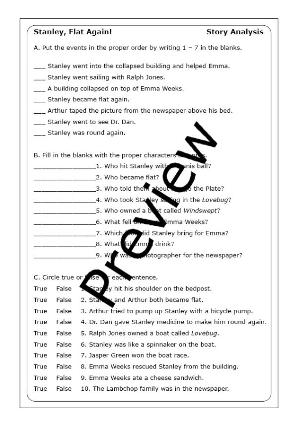 Jeff Brown "Stanley, Flat Again!" worksheets | Made By Teachers