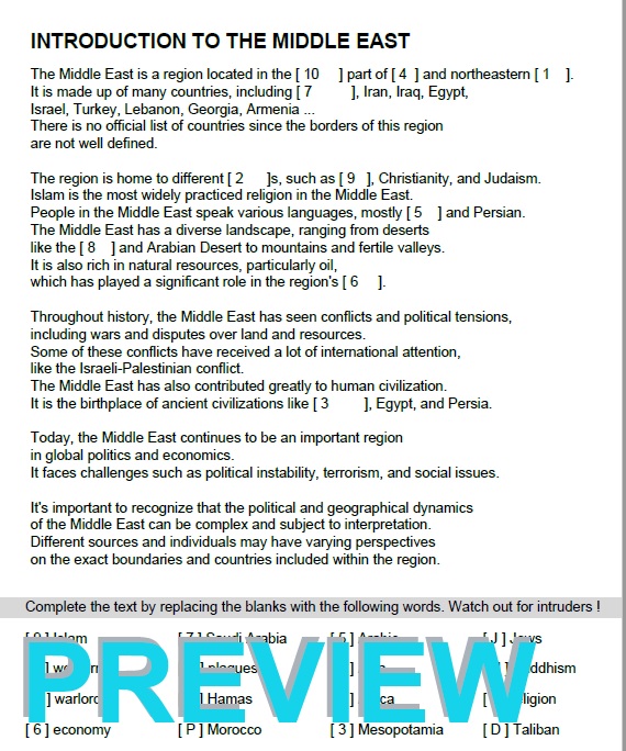 THE MIDDLE EAST - FILL IN THE BLANKS WORKSHEETS | Made By Teachers