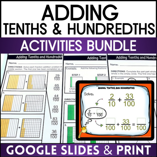 Adding Tenths and Hundredths Google Slides and Worksheets Fractions ...