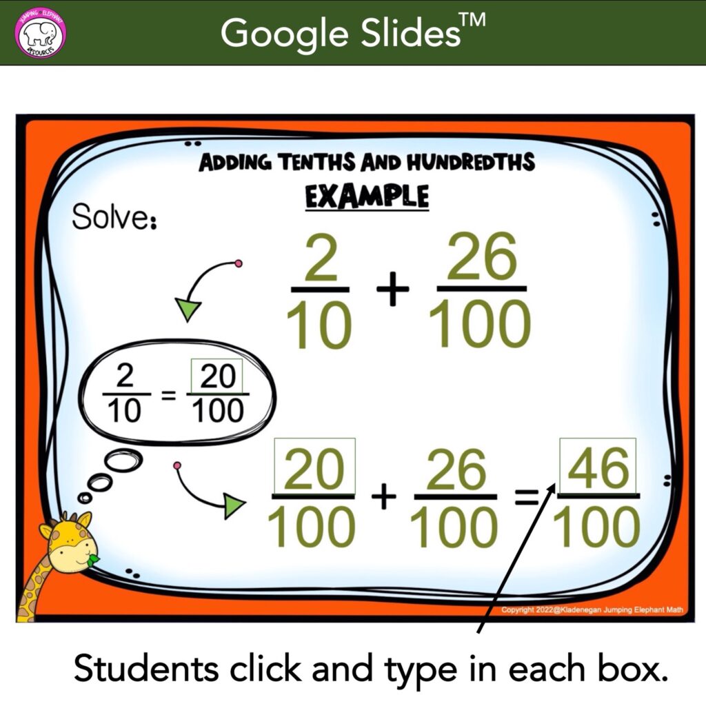 Adding Tenths and Hundredths Google Slides and Worksheets Fractions ...