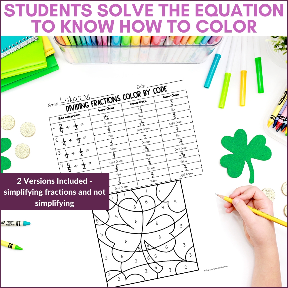 St. Patrick's Day Dividing Fractions Color by Code | Made By Teachers