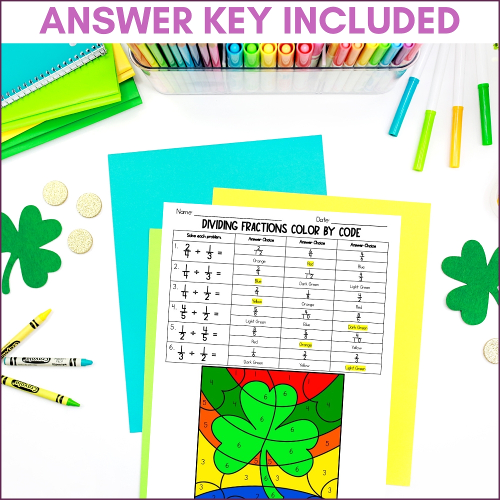 St. Patrick's Day Dividing Fractions Color by Code | Made By Teachers