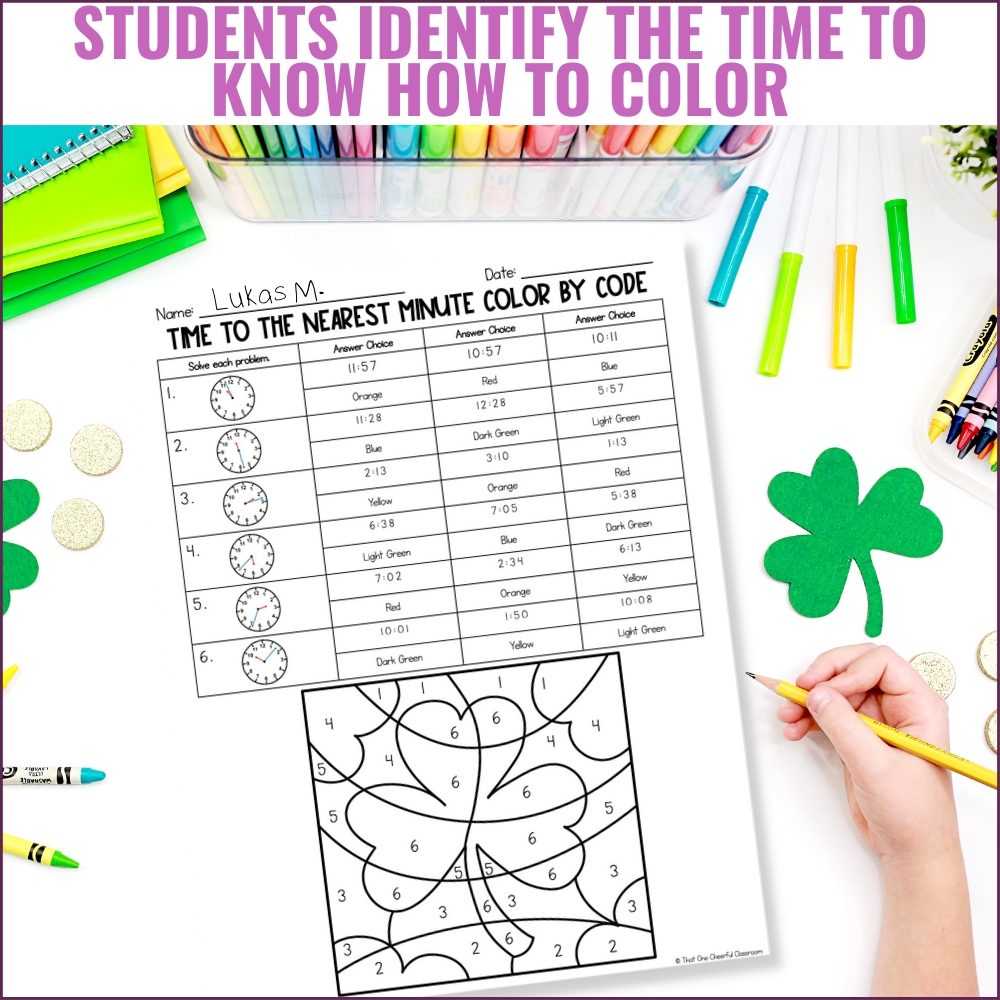 St. Patrick's Day Math Telling Time Nearest Minute Color by Number ...