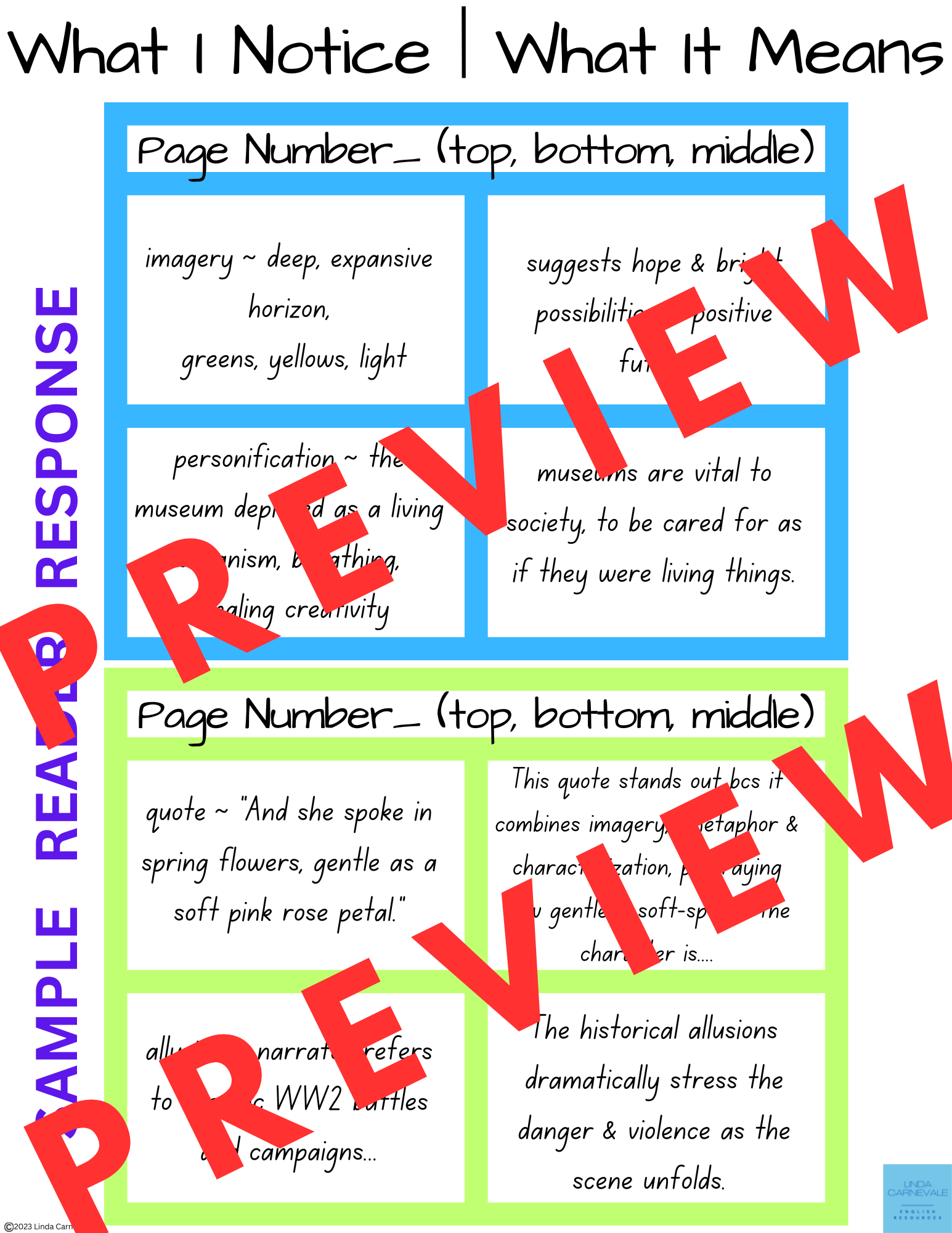 Reader Response Activity: Double Entry Format, Author's Craft, Text ...