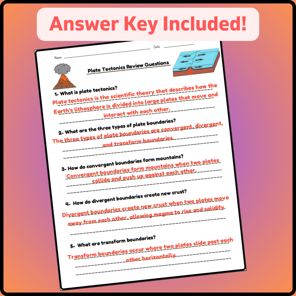 Plate Tectonics Review Questions Sheet - Middle School Science | Made ...