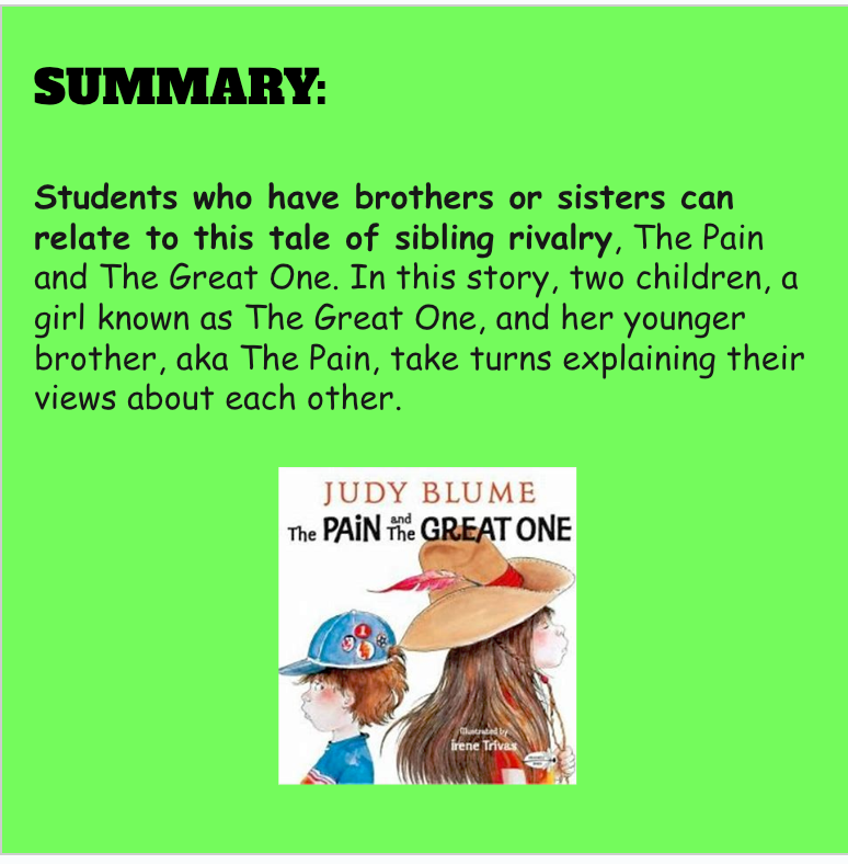 THE PAIN & THE GREAT ONE by Judy Blume READING COMPREHENSION ACTIVITIES ...