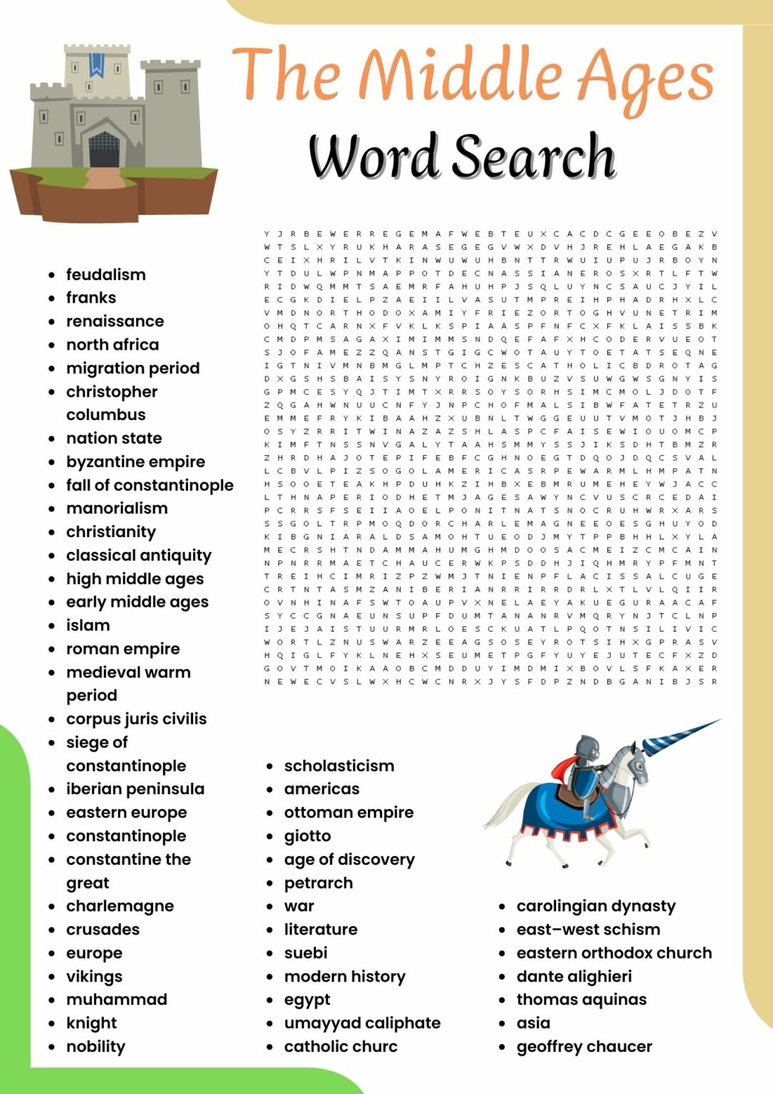 The Middle Ages word search Puzzle worksheet activities for kids | Made ...