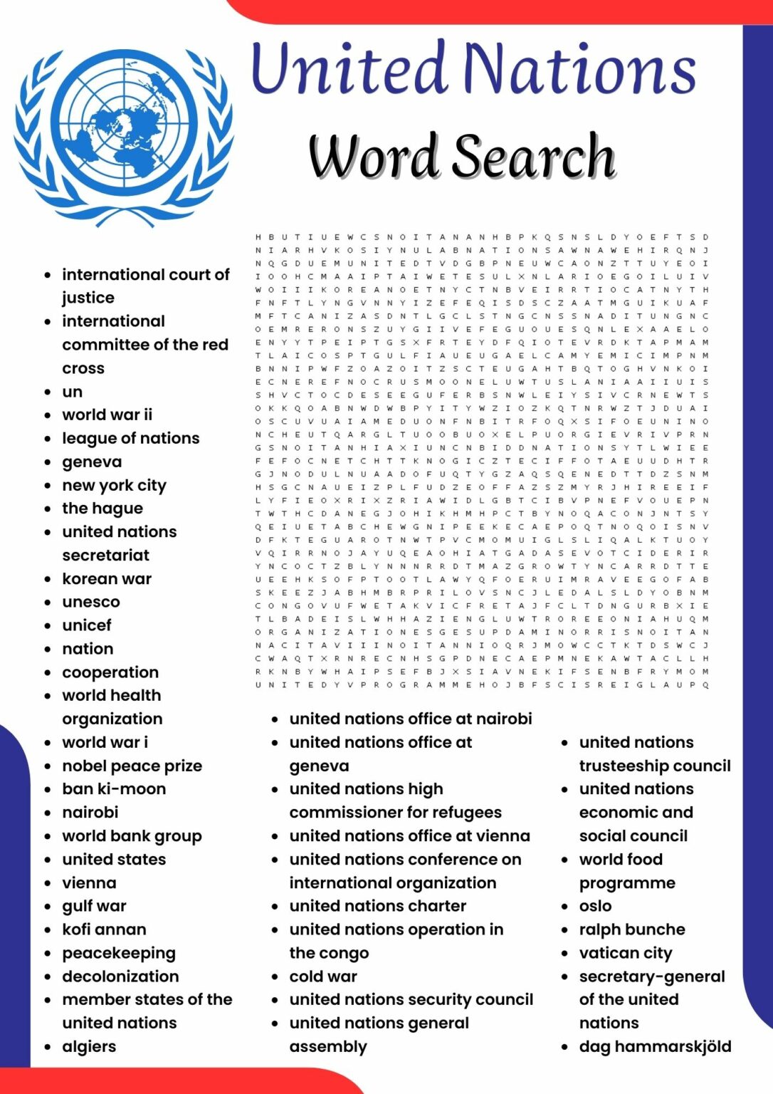 United Nations word search Puzzle worksheet activities for kids | Made ...