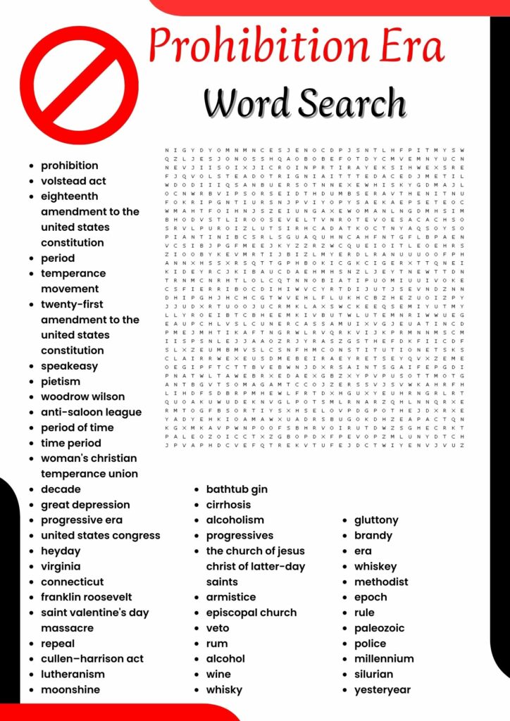 Prohibition Era word search Puzzle worksheet activities for kids | Made ...