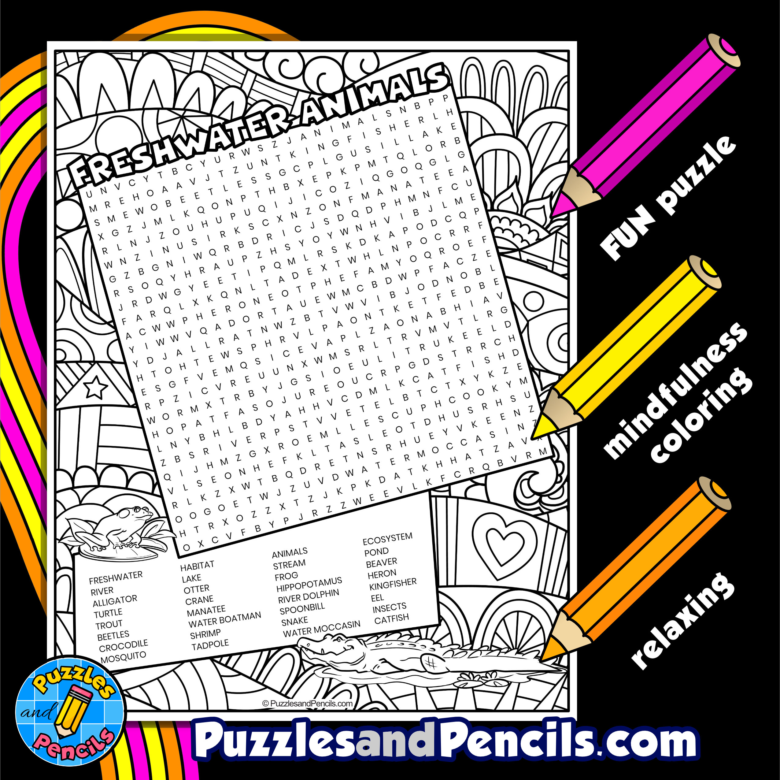 Freshwater Animals Word Search Puzzle with Coloring | Freshwater ...