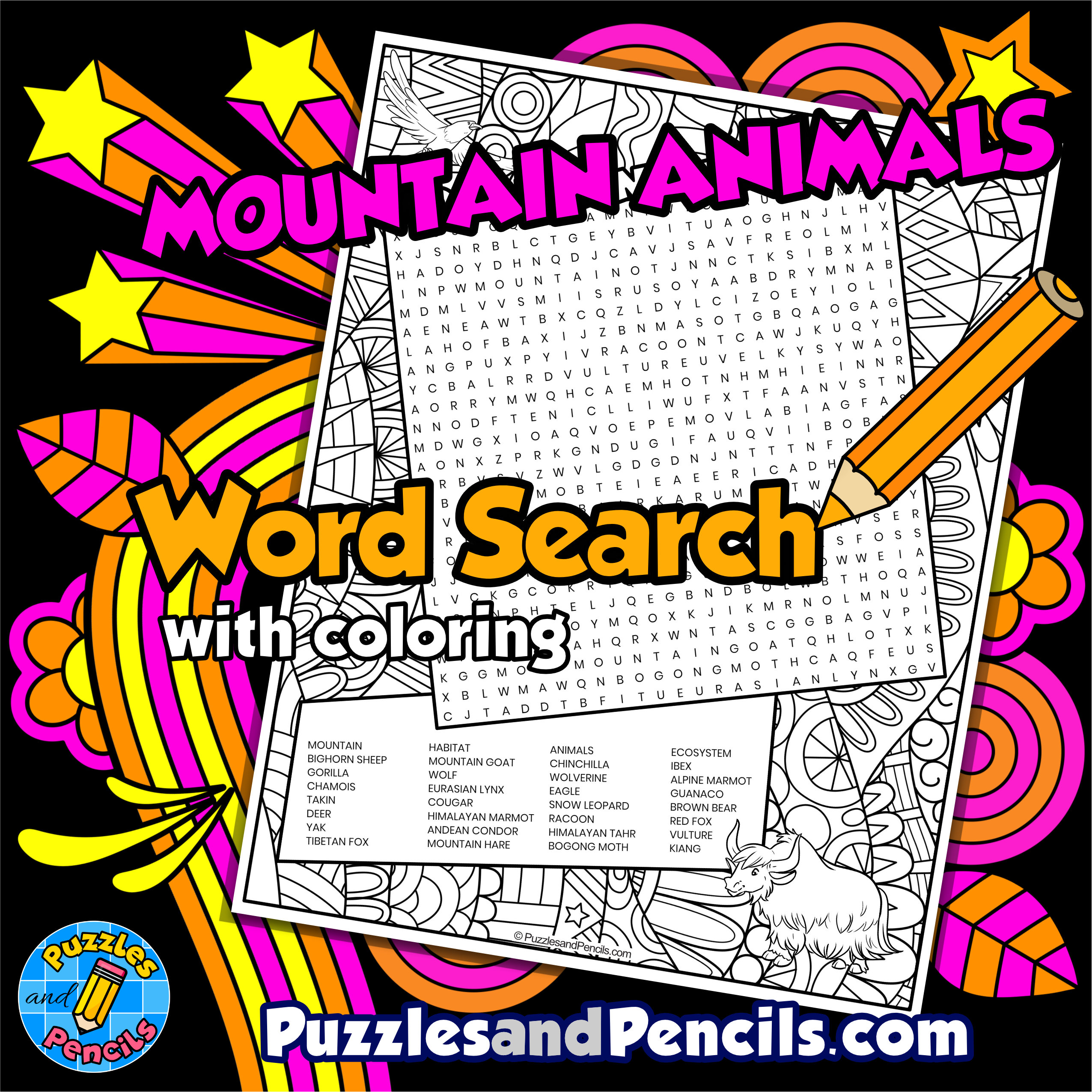 Mountain Animals Word Search Puzzle with Coloring | Mountain Habitat ...