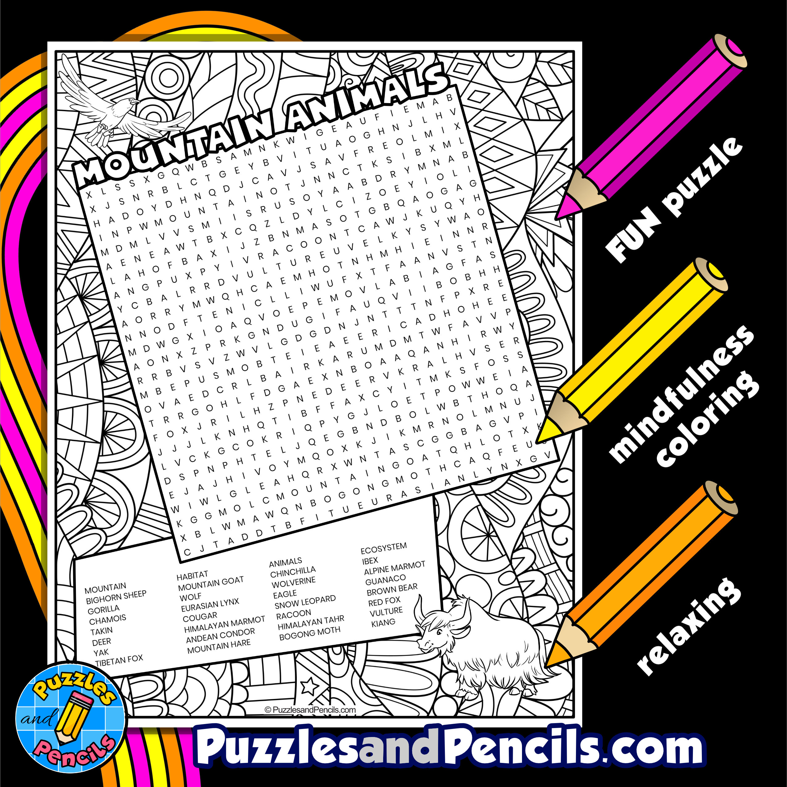 Mountain Animals Word Search Puzzle with Coloring | Mountain Habitat ...