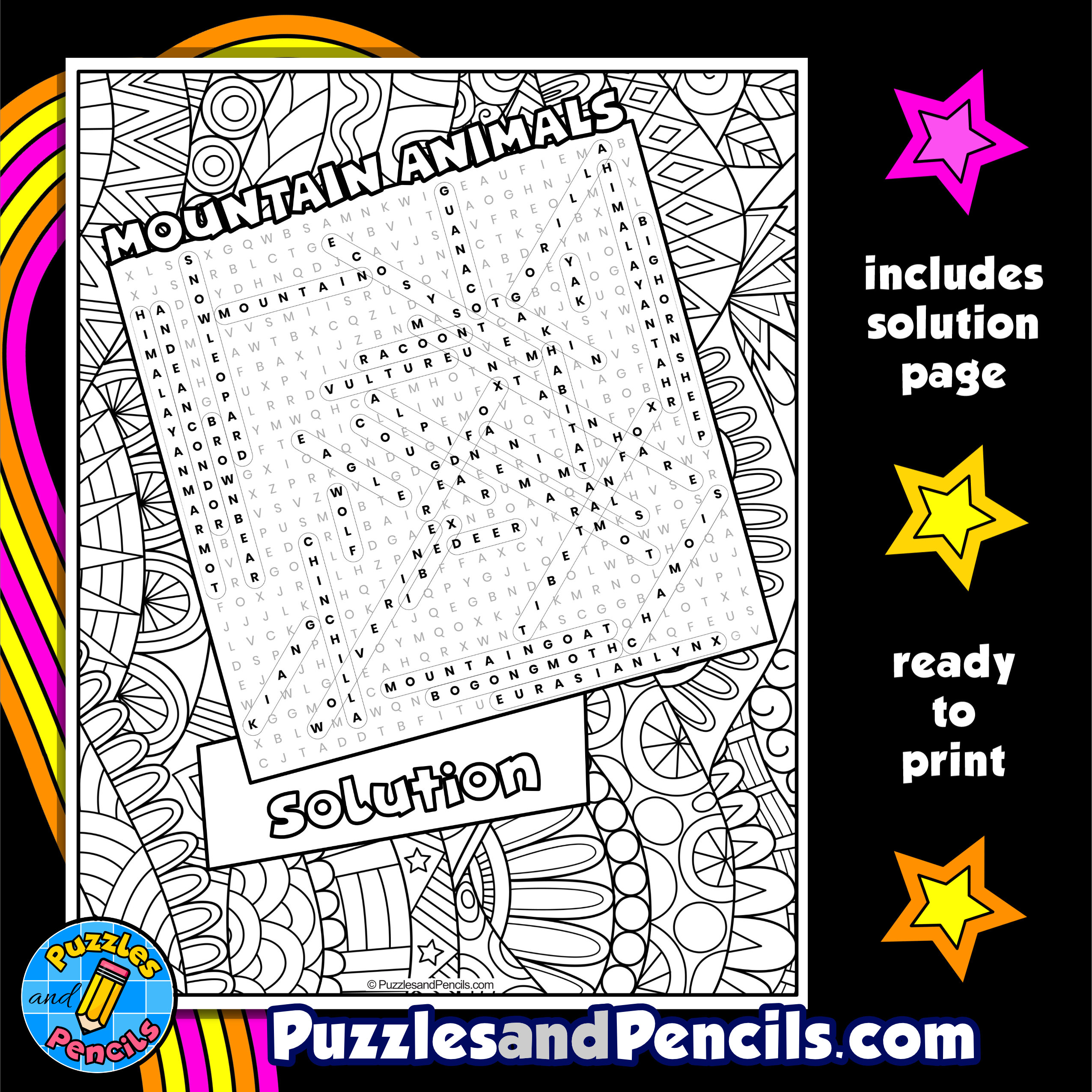Mountain Animals Word Search Puzzle with Coloring | Mountain Habitat ...