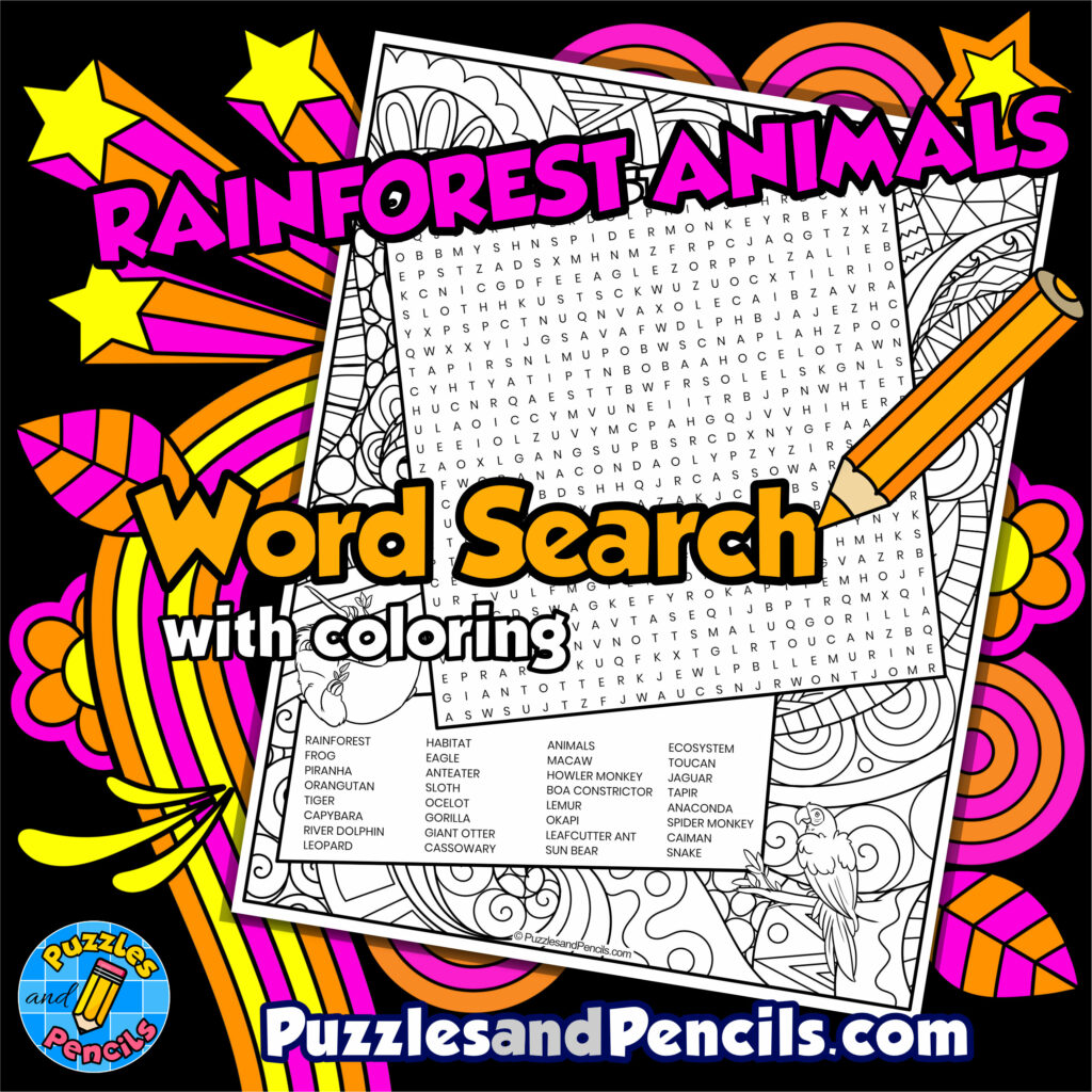 Rainforest Animals Word Search Puzzle with Coloring | Rainforest ...