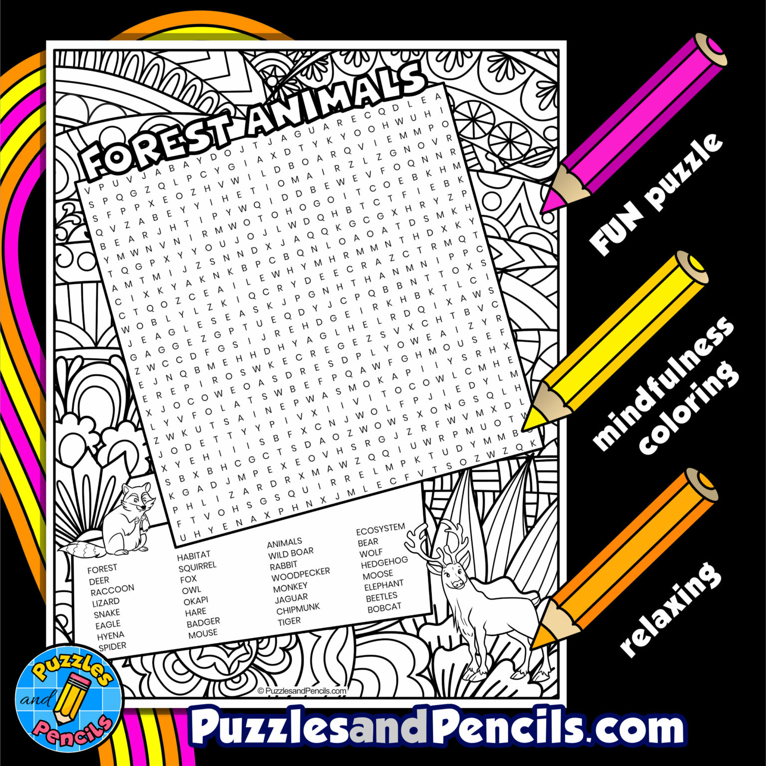 Forest Animals Word Search Puzzle with Coloring | Forest Habitat ...