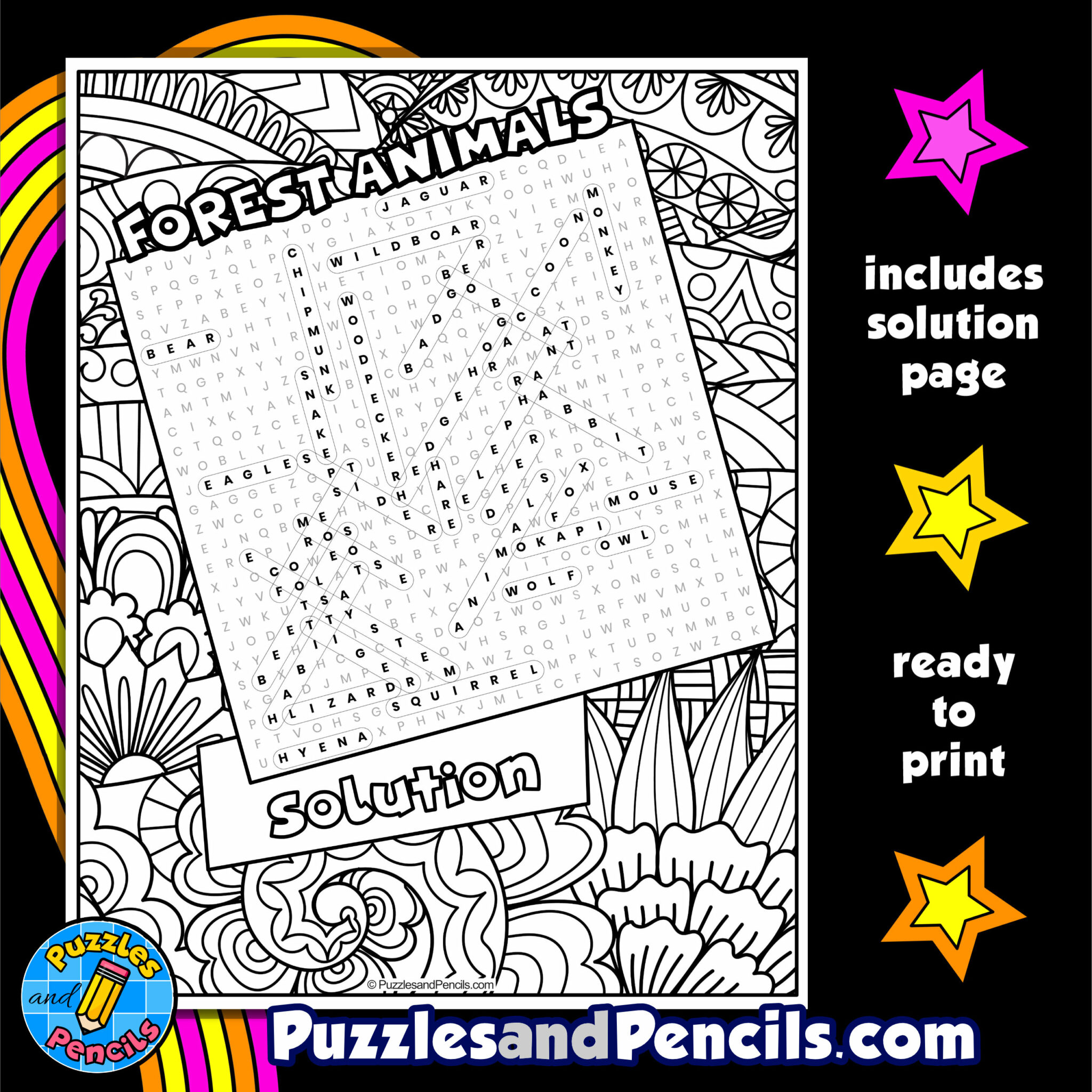 Forest Animals Word Search Puzzle with Coloring | Forest Habitat ...