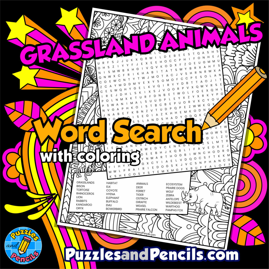Grassland Animals Word Search Puzzle with Coloring | Grassland Habitat ...