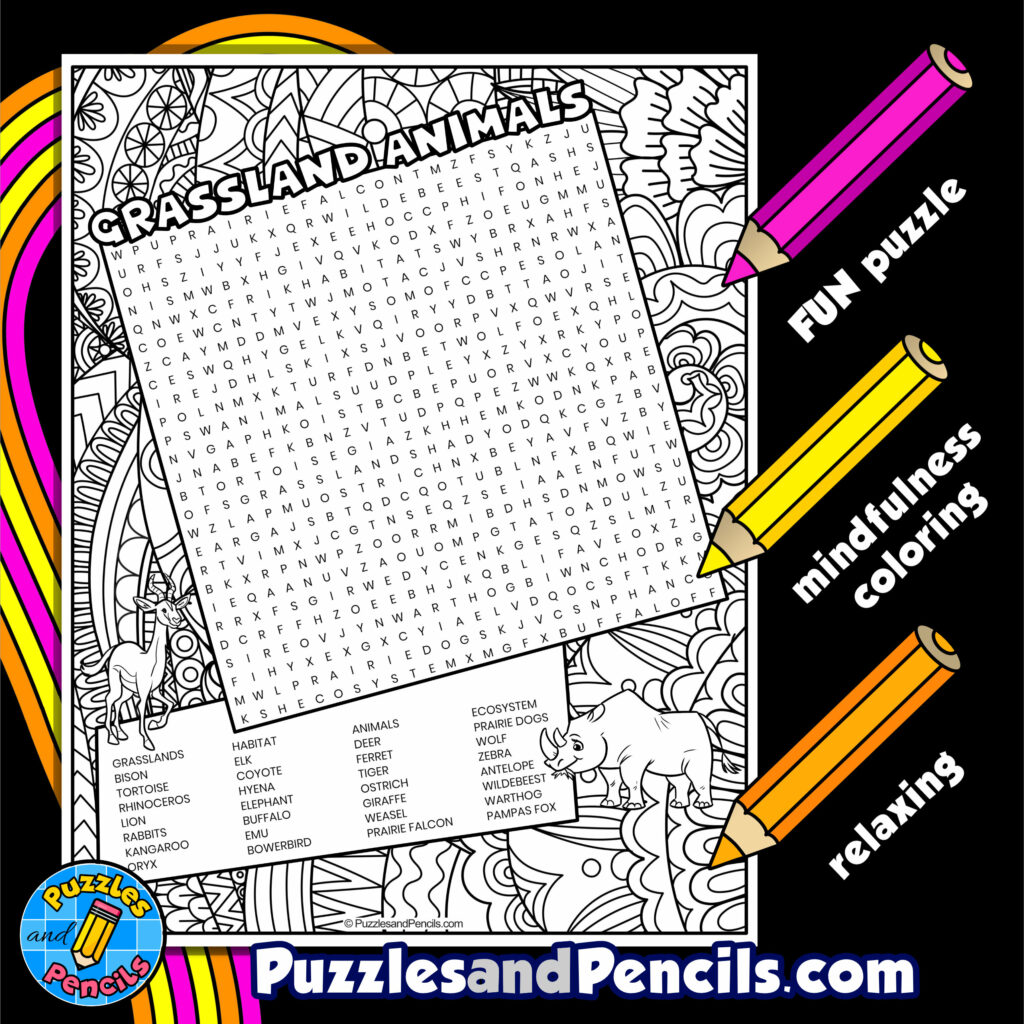 Grassland Animals Word Search Puzzle with Coloring | Grassland Habitat ...