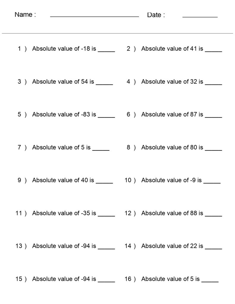 Integers Worksheets - Absolute Values of Integers Worksheets | Made By ...